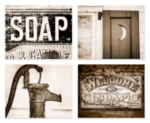 lisa russo fine art - sepia bathroom wall art or laundry room decor, set of 4 small 5x7" prints, unframed, vintage look bathroom pictures, soap signs, pitcher pump, outhouse moon, brown