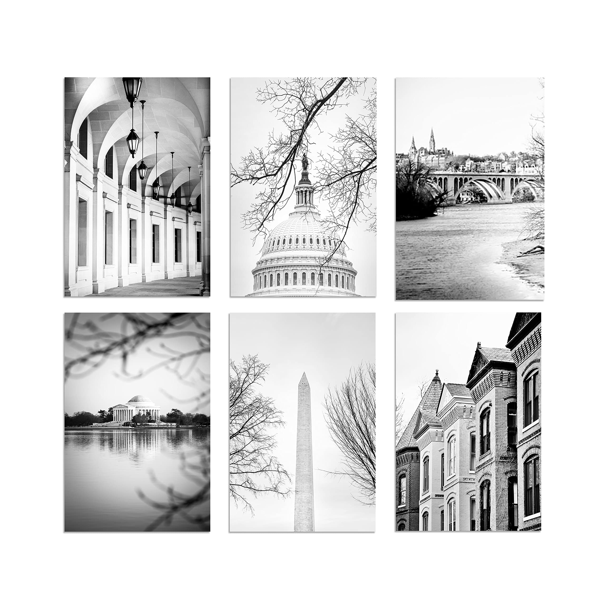 Washington DC Art - Set of 6 Photography Prints - 8X10 inches - Unframed - Black and White Photography featuring the Jefferson Memorial, Washington Monument, Georgetown, the Capitol and Architecture