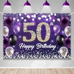 happy 50th birthday backdrop banner purple theme background with shiny diamond noble elegant birthday party photo photography prop booth background for men women celebration 70.8x47.2in-beckten