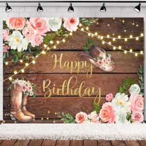 SVBright Cowgirl Birthday Backdrop 8Wx6H Western Rustic Country Wooden Plank Pink Flower Floral Happy Birthday Baby Shower Hat Plant Decorations Photography Background Banner Photo Booth Studio