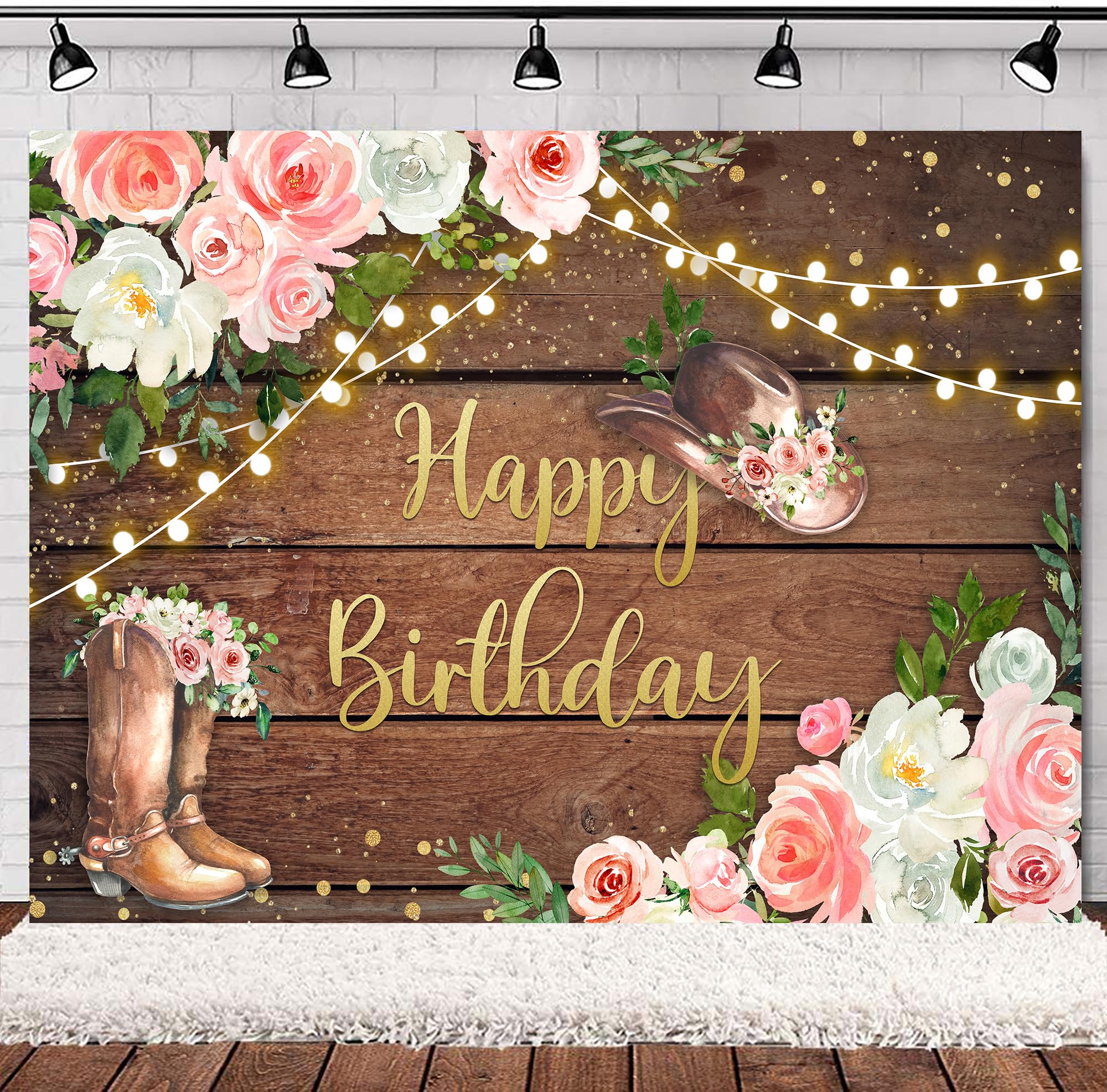 SVBright Cowgirl Birthday Backdrop 8Wx6H Western Rustic Country Wooden Plank Pink Flower Floral Happy Birthday Baby Shower Hat Plant Decorations Photography Background Banner Photo Booth Studio