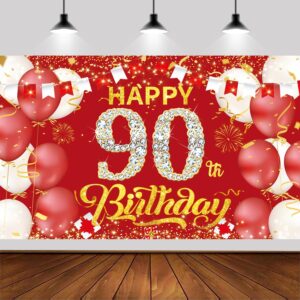 6x3.6ft red gold 90th happy birthday backdrop,red gold happy birthday photography background banner for birthday party backdrop for men women birthday party supplies decoration.