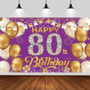 6x3.6ft purple gold 80th happy birthday backdrop,pink gold happy birthday photography background banner for birthday party backdrop for men women birthday party supplies decoration.