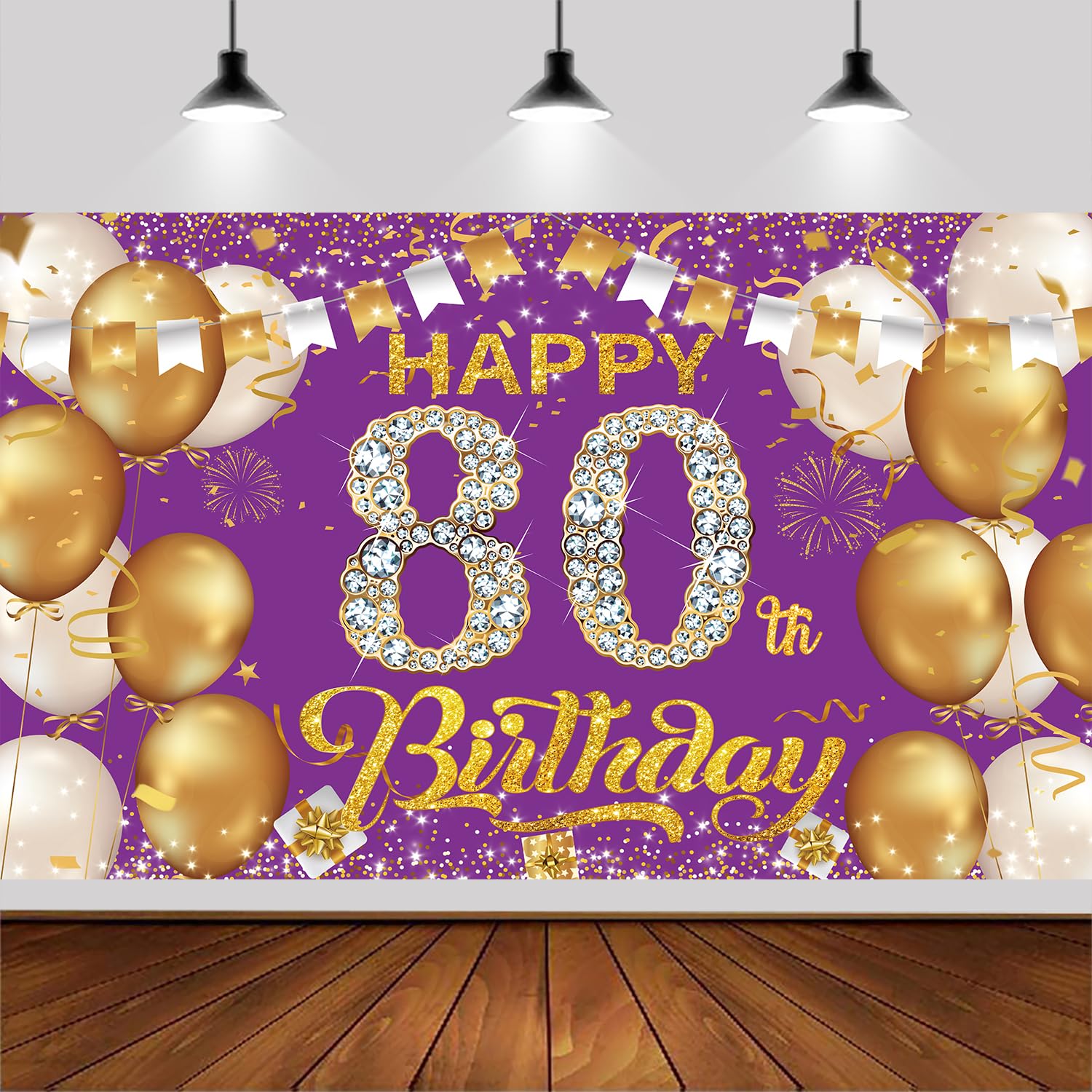 6x3.6FT Purple Gold 80th Happy Birthday Backdrop,Pink Gold Happy Birthday Photography Background Banner for Birthday Party Backdrop for Men Women Birthday Party Supplies Decoration.