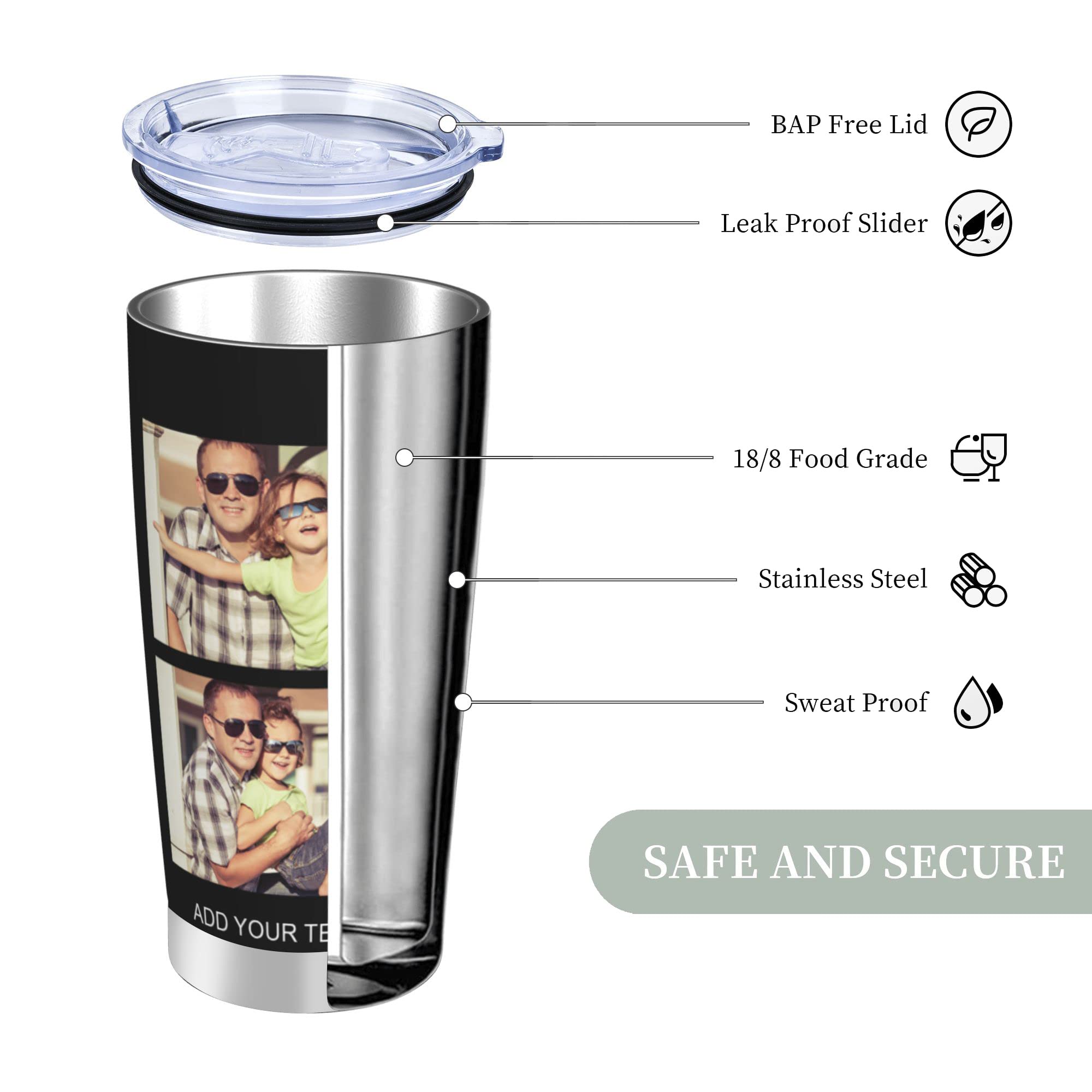 Personalized Photo with Text Tumbler for Adults,Custom Photo Stainless Steel Coffee Mug Customized Pictures Teavel Tumbler,Birthday Christmas Cups for Dad Mom-20oz