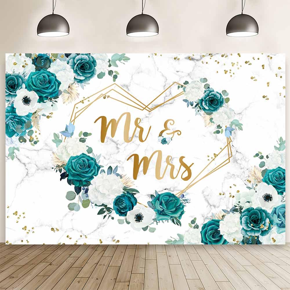 AIBIIN 7x5ft Green Mr and Mrs Floral Backdrop Teal Wedding Photography Background Heart Geometric Marble Flowers Bridal Shower Banner Women Bride to Be Couple Engagement Party Cake Smash Photo Props