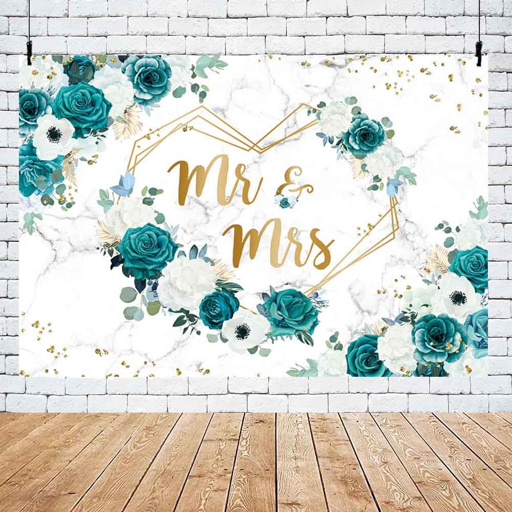 AIBIIN 7x5ft Green Mr and Mrs Floral Backdrop Teal Wedding Photography Background Heart Geometric Marble Flowers Bridal Shower Banner Women Bride to Be Couple Engagement Party Cake Smash Photo Props