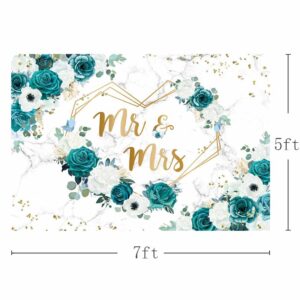 AIBIIN 7x5ft Green Mr and Mrs Floral Backdrop Teal Wedding Photography Background Heart Geometric Marble Flowers Bridal Shower Banner Women Bride to Be Couple Engagement Party Cake Smash Photo Props