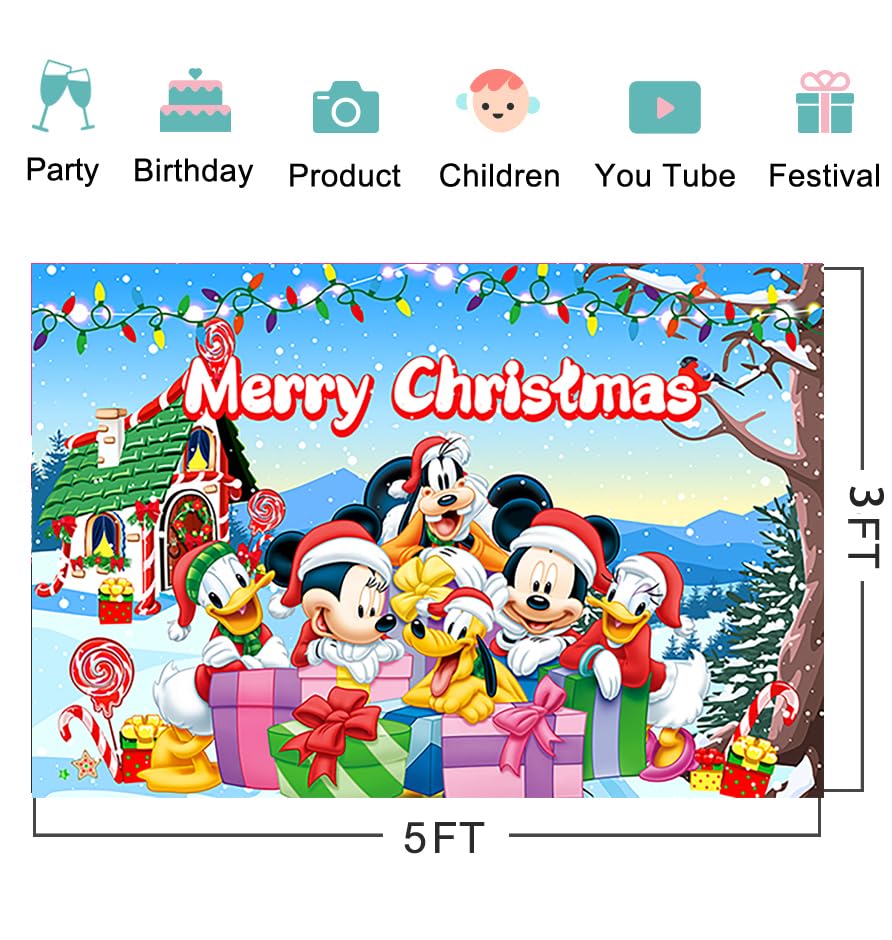 Merry Christmas Backdrop for Mickey Mouse Christmas Party Decorations Christmas House Background for Party Cake Table Decorations Xmas Theme Banner 5x3ft