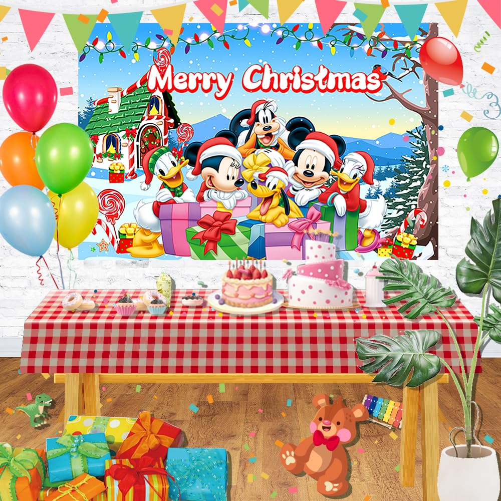 Merry Christmas Backdrop for Mickey Mouse Christmas Party Decorations Christmas House Background for Party Cake Table Decorations Xmas Theme Banner 5x3ft