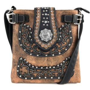 justin west concealed carry laser cut leather floral embroidery rhinestone berry concho studded shoulder | tote | handbag purse | messenger crossbody | trifold wallet (brown messenger only)