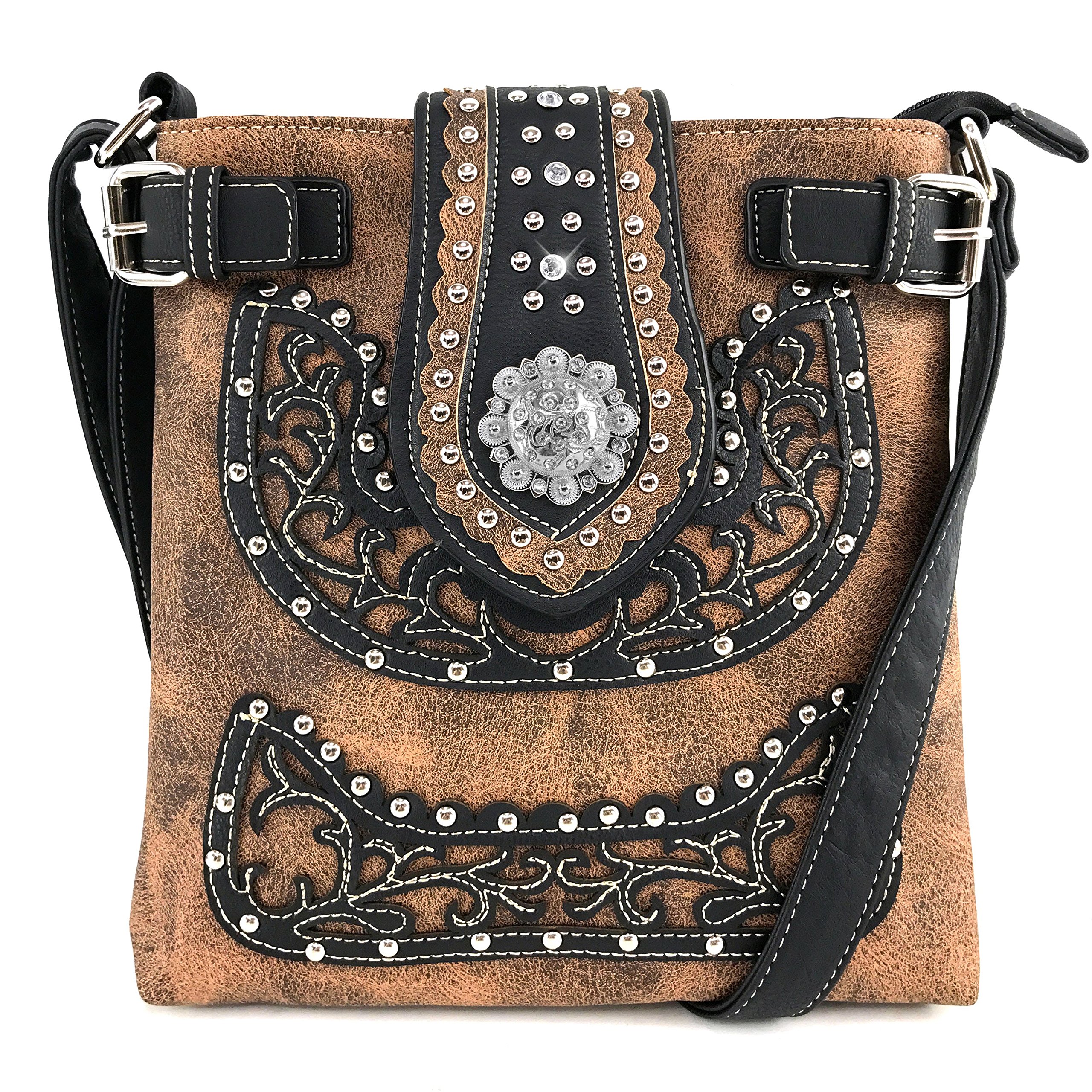 Justin West Concealed Carry Laser Cut Leather Floral Embroidery Rhinestone Berry Concho Studded Shoulder | Tote | Handbag Purse | Messenger Crossbody | Trifold Wallet (Brown Messenger ONLY)