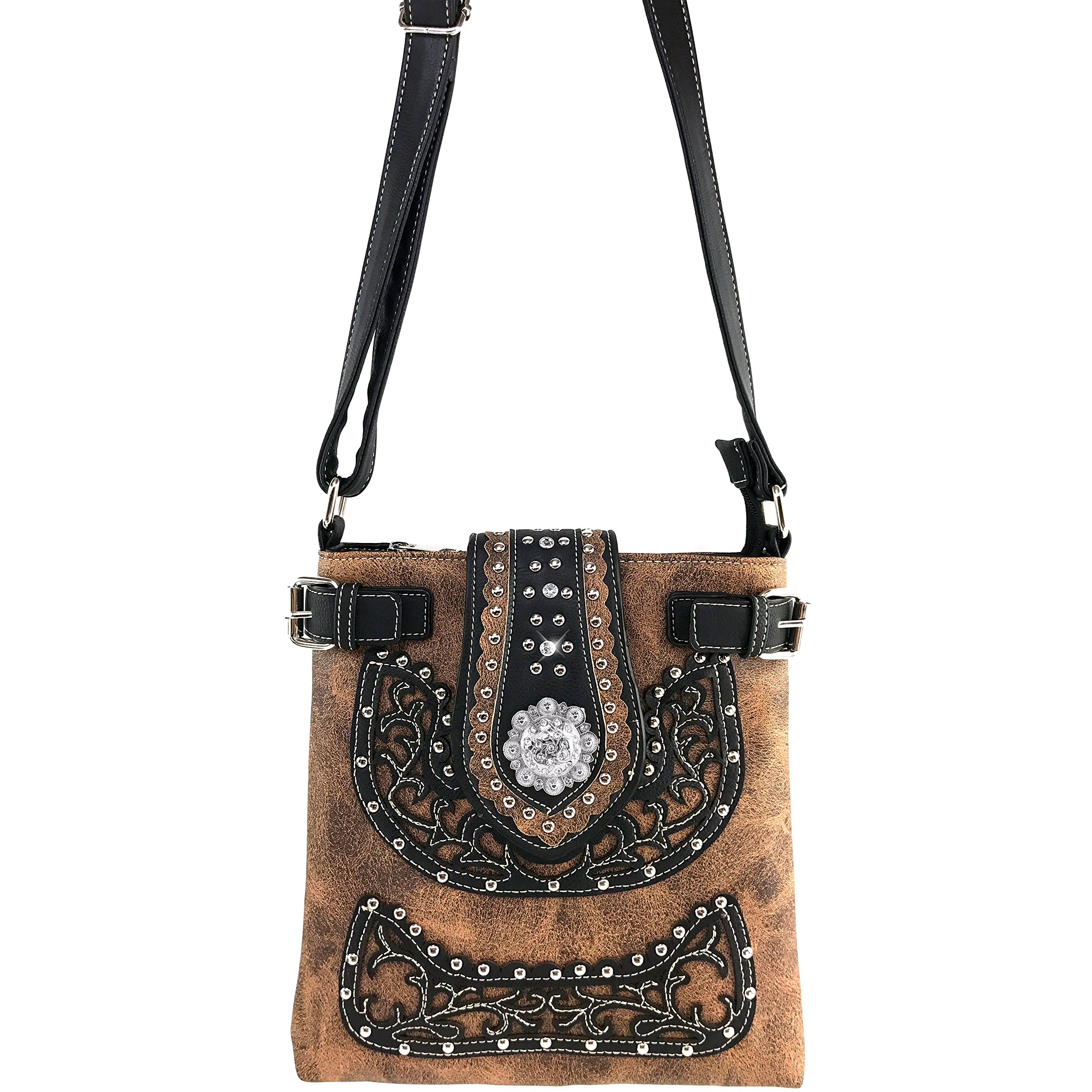 Justin West Concealed Carry Laser Cut Leather Floral Embroidery Rhinestone Berry Concho Studded Shoulder | Tote | Handbag Purse | Messenger Crossbody | Trifold Wallet (Brown Messenger ONLY)