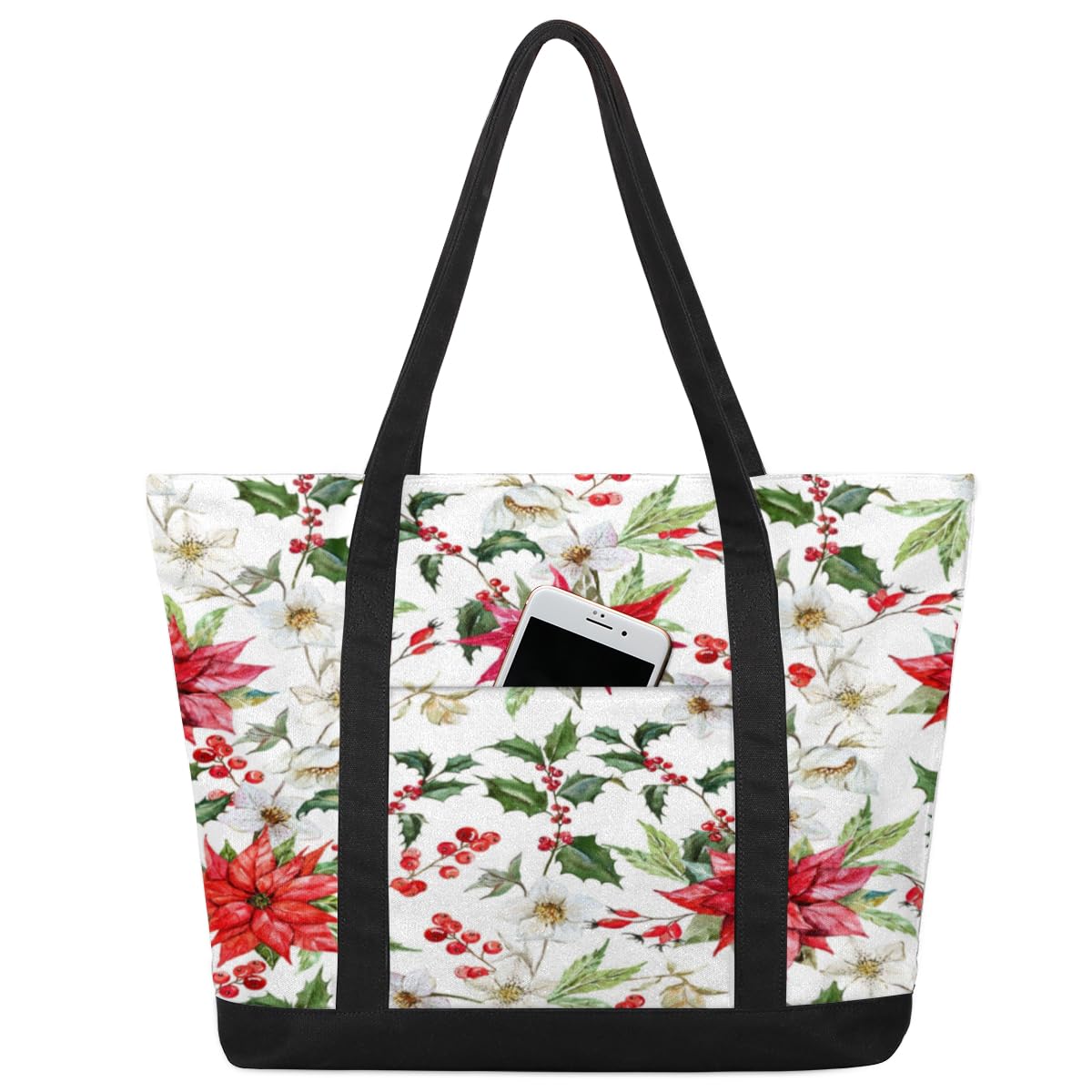 bisibuy Christmas Hellebore Flowers Poinsettia Berries Tote Bag Tote Bag for Women Reusable Grocery Shopping Cloth Bags with Zipper Large Capacity Foldable Handbag Gym Bag for Gift Activity