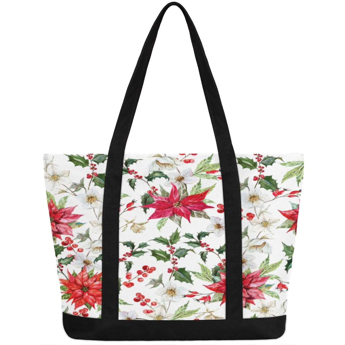 bisibuy Christmas Hellebore Flowers Poinsettia Berries Tote Bag Tote Bag for Women Reusable Grocery Shopping Cloth Bags with Zipper Large Capacity Foldable Handbag Gym Bag for Gift Activity