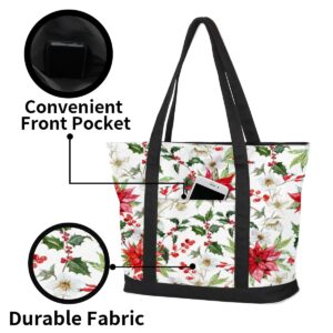 bisibuy Christmas Hellebore Flowers Poinsettia Berries Tote Bag Tote Bag for Women Reusable Grocery Shopping Cloth Bags with Zipper Large Capacity Foldable Handbag Gym Bag for Gift Activity