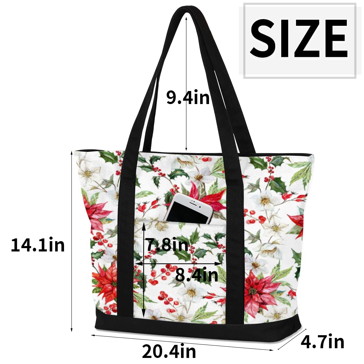 bisibuy Christmas Hellebore Flowers Poinsettia Berries Tote Bag Tote Bag for Women Reusable Grocery Shopping Cloth Bags with Zipper Large Capacity Foldable Handbag Gym Bag for Gift Activity