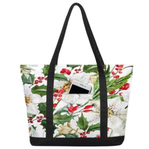 bisibuy christmas flowers berries tote bag tote bag for women reusable grocery shopping cloth bags with zipper large capacity foldable handbag gym bag for gift activity