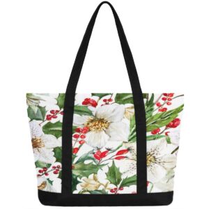 bisibuy Christmas Flowers Berries Tote Bag Tote Bag for Women Reusable Grocery Shopping Cloth Bags with Zipper Large Capacity Foldable Handbag Gym Bag for Gift Activity