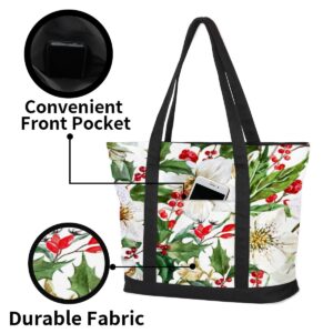 bisibuy Christmas Flowers Berries Tote Bag Tote Bag for Women Reusable Grocery Shopping Cloth Bags with Zipper Large Capacity Foldable Handbag Gym Bag for Gift Activity