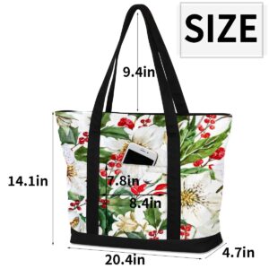 bisibuy Christmas Flowers Berries Tote Bag Tote Bag for Women Reusable Grocery Shopping Cloth Bags with Zipper Large Capacity Foldable Handbag Gym Bag for Gift Activity