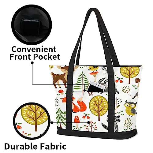 bisibuy Cute Animals Mushrooms Berries Tote Bag Tote Bag for Women Reusable Grocery Shopping Cloth Bags with Zipper Large Capacity Foldable Handbag Gym Bag for Gift Activity