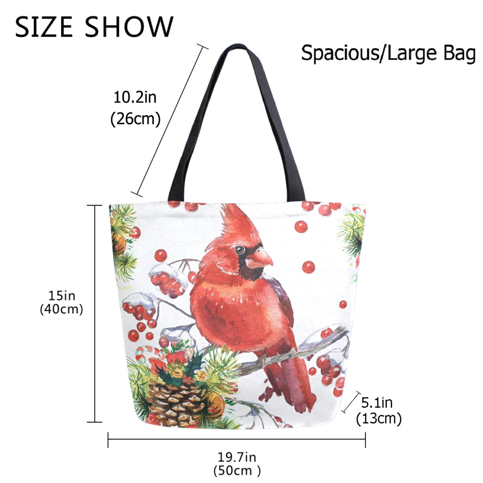 ZzWwR Cardinal Birds on Fir Branch Berry Christmas Extra Large Canvas Shoulder Tote Top Handle Storage Bag for Gym Weekender Beach Travel Reusable Grocery Shopping