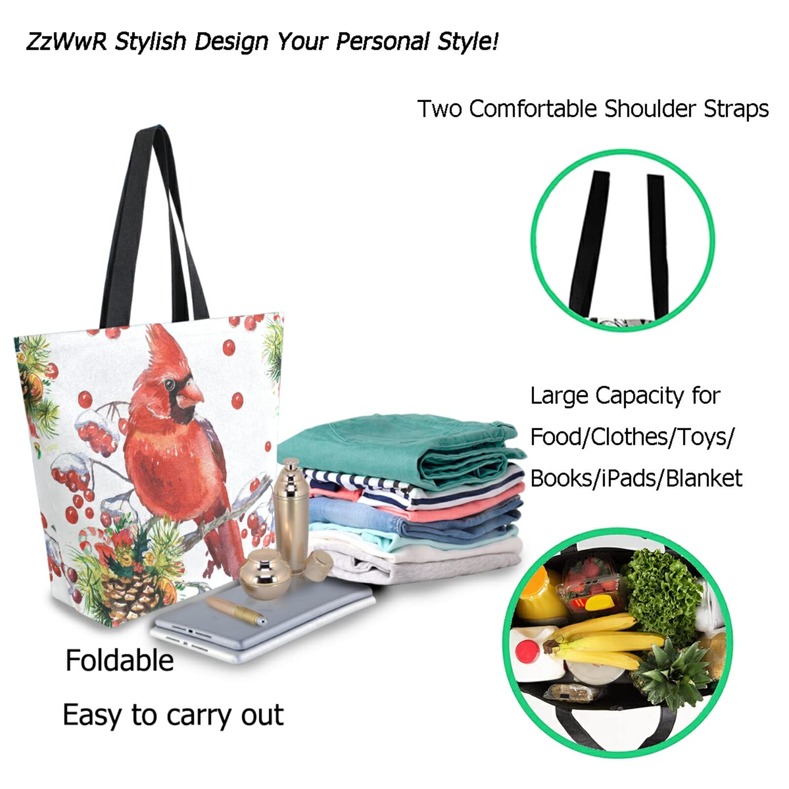 ZzWwR Cardinal Birds on Fir Branch Berry Christmas Extra Large Canvas Shoulder Tote Top Handle Storage Bag for Gym Weekender Beach Travel Reusable Grocery Shopping