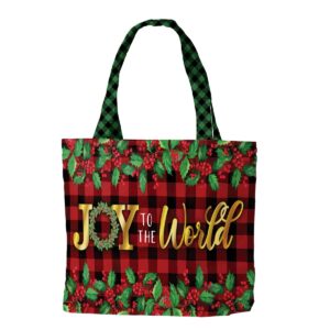 joy to the world christmas canvas tote bag checkered berries 14.5" x 15" briarwood lane