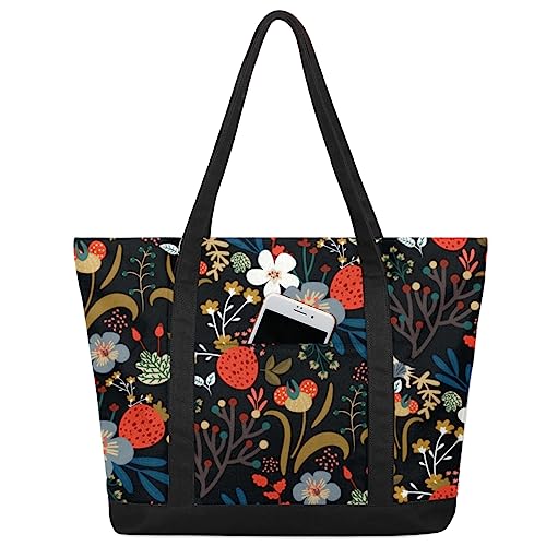 bisibuy Floral Flowers Leaves Berries Tote Bag Tote Bag for Women Reusable Grocery Shopping Cloth Bags with Zipper Large Capacity Foldable Handbag Gym Bag for Gift Activity