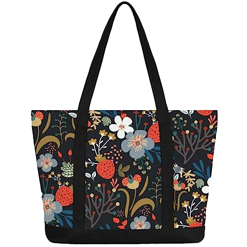 bisibuy Floral Flowers Leaves Berries Tote Bag Tote Bag for Women Reusable Grocery Shopping Cloth Bags with Zipper Large Capacity Foldable Handbag Gym Bag for Gift Activity