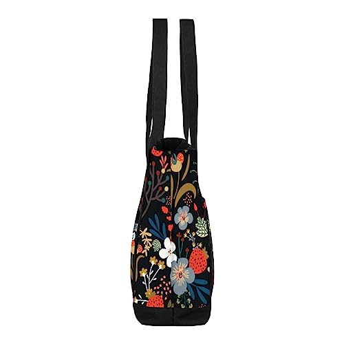 bisibuy Floral Flowers Leaves Berries Tote Bag Tote Bag for Women Reusable Grocery Shopping Cloth Bags with Zipper Large Capacity Foldable Handbag Gym Bag for Gift Activity