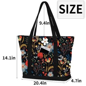 bisibuy Floral Flowers Leaves Berries Tote Bag Tote Bag for Women Reusable Grocery Shopping Cloth Bags with Zipper Large Capacity Foldable Handbag Gym Bag for Gift Activity