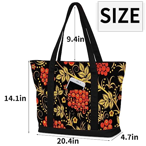 bisibuy Holly And Berry Tote Bag Tote Bag for Women Reusable Grocery Shopping Cloth Bags with Zipper Large Capacity Foldable Handbag Gym Bag for Gift Activity