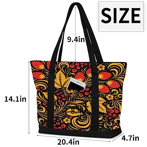 bisibuy Ripe Berry Strawberries Tote Bag Tote Bag for Women Reusable Grocery Shopping Cloth Bags with Zipper Large Capacity Foldable Handbag Gym Bag for Gift Activity