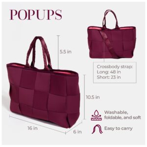 POPUPS Interwoven Large Neoprene Foldable Tote Bag, Weekender Bag for Women - Travel Crossbody Purse - Secure to Carry On, Luggage (Berry)