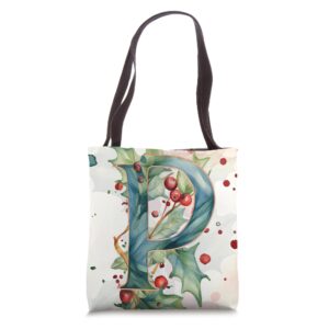 holly leaves berries december birth flower initial letter p tote bag