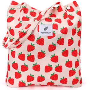 lhmtqvk corduroy tote bags for women, large capacity corduroy bag reusable grocery shoulder bag with inner pockets(strawberry)