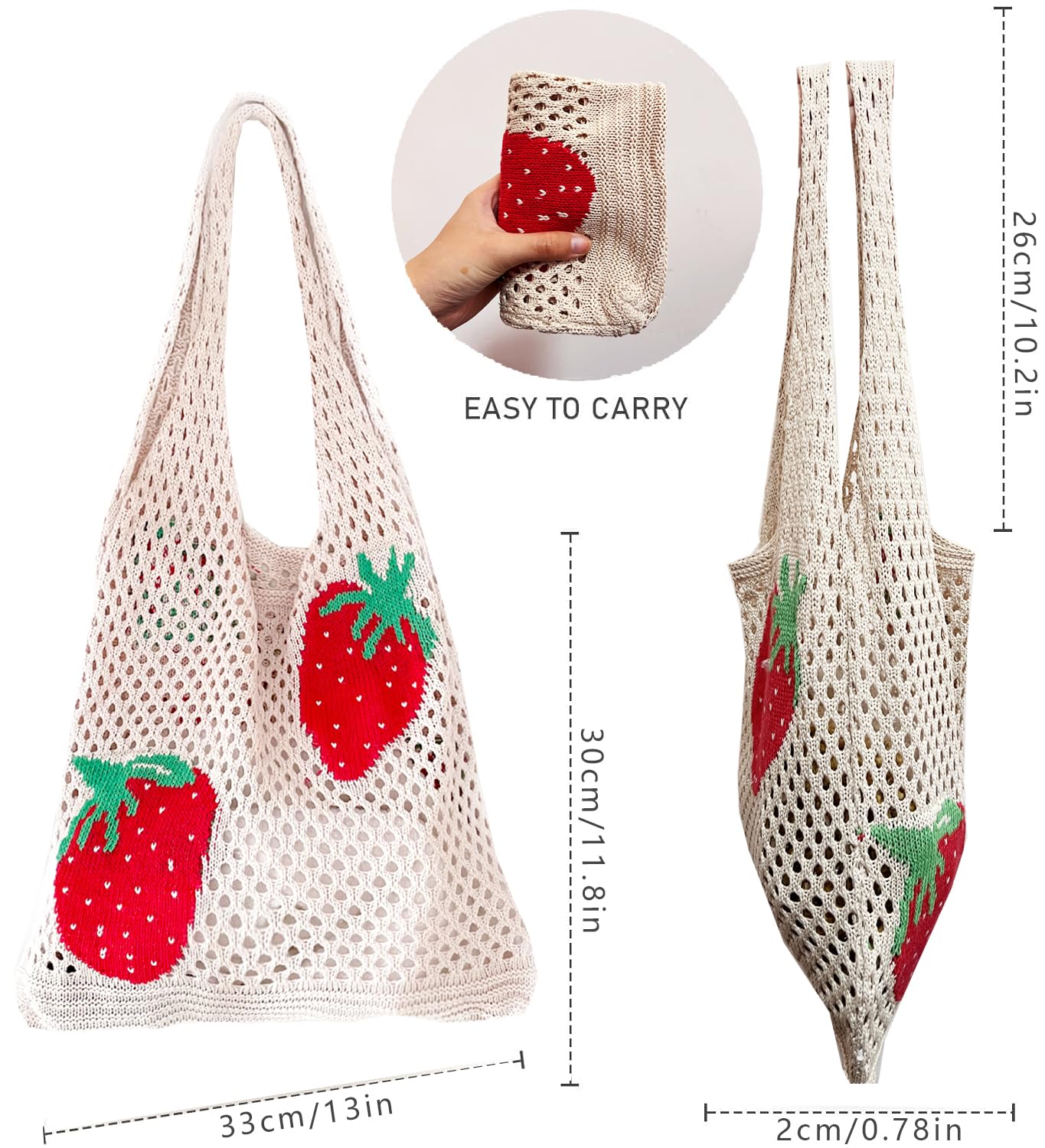 Stizimn Cute Strawberry Pattern Tote Bag Crochet Tote Bag Shoulder Bag Handbags Knitting Bag Aesthetic Handmade Weaving (White)