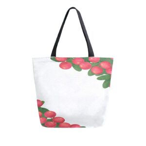 canvas tote bag berries cranberry branch leaves woman beach bag watercolor botanical shoulder bag school had bag large reusable handbag lightweight for shopping grocery travel holiday gift