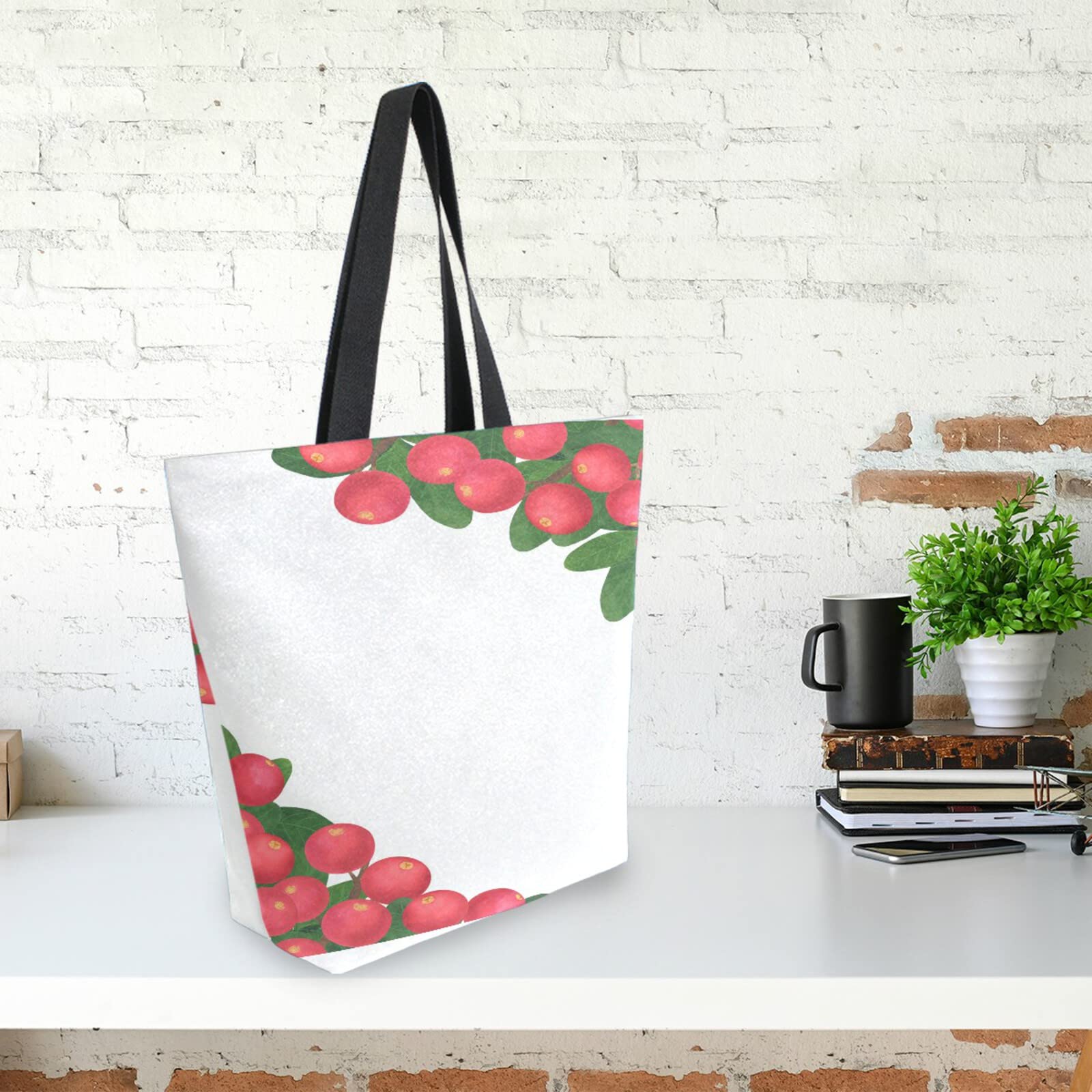 Canvas Tote Bag Berries Cranberry Branch Leaves Woman Beach Bag Watercolor Botanical Shoulder Bag School Had Bag Large Reusable Handbag Lightweight for Shopping Grocery Travel Holiday Gift