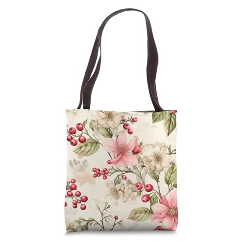 Vintage Pastel Christmas Floral Holly Berries Tote Bag