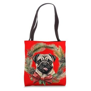 pug christmas puppy winter dog wreath red berry tote bag