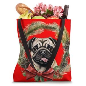 Pug Christmas Puppy Winter Dog Wreath Red Berry Tote Bag