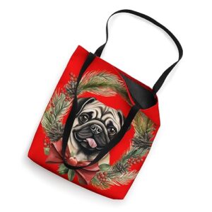 Pug Christmas Puppy Winter Dog Wreath Red Berry Tote Bag