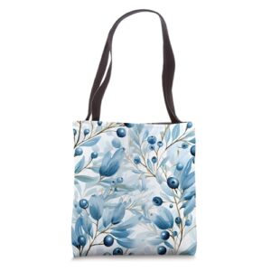 floral christmas watercolor graphic of blue holly berry tote bag