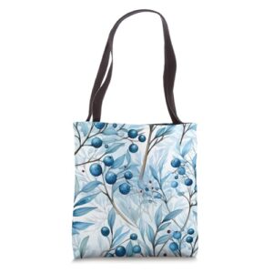 floral christmas nature decor for women blue holly berry tote bag