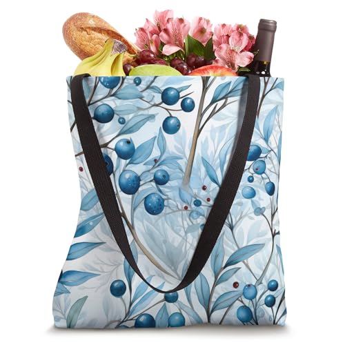 Floral Christmas Nature Decor For Women Blue Holly Berry Tote Bag