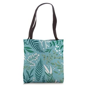 green botanical fern foliage & white berry floral pattern tote bag