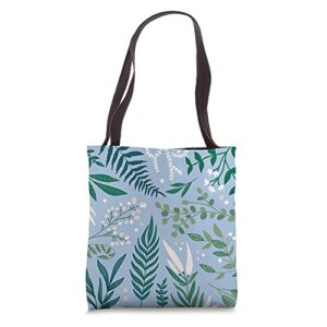 green botanical fern foliage & white berry floral pattern tote bag